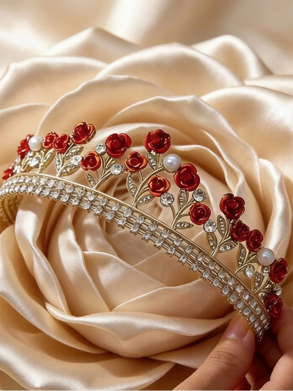 Handmade | Accessories | Gold Tiara With Red Rose Accents And Pearls ...